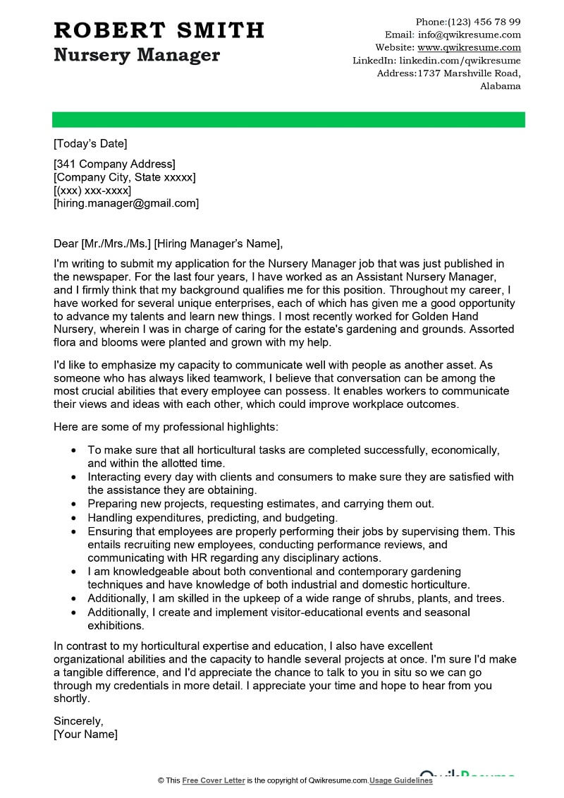 Nursery Manager Cover Letter Examples QwikResume